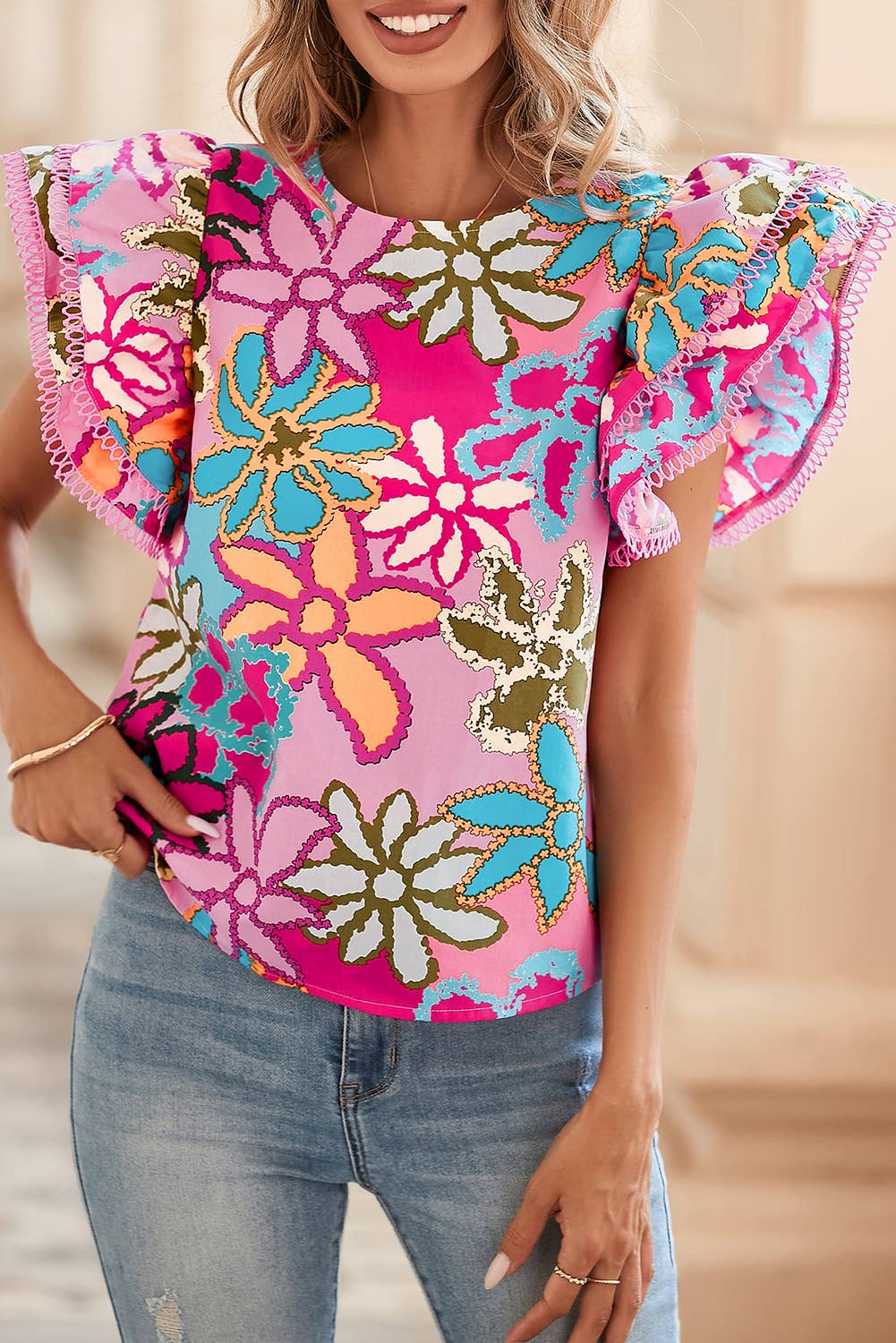 Vibrant Floral Print Ruffle Sleeve Blouse – Pretty & Posh Boutique